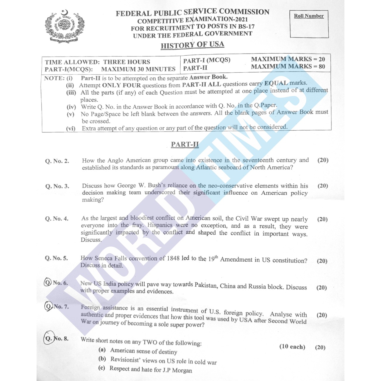 CSS Papers 2021 History of USA – Jahangir's World Times