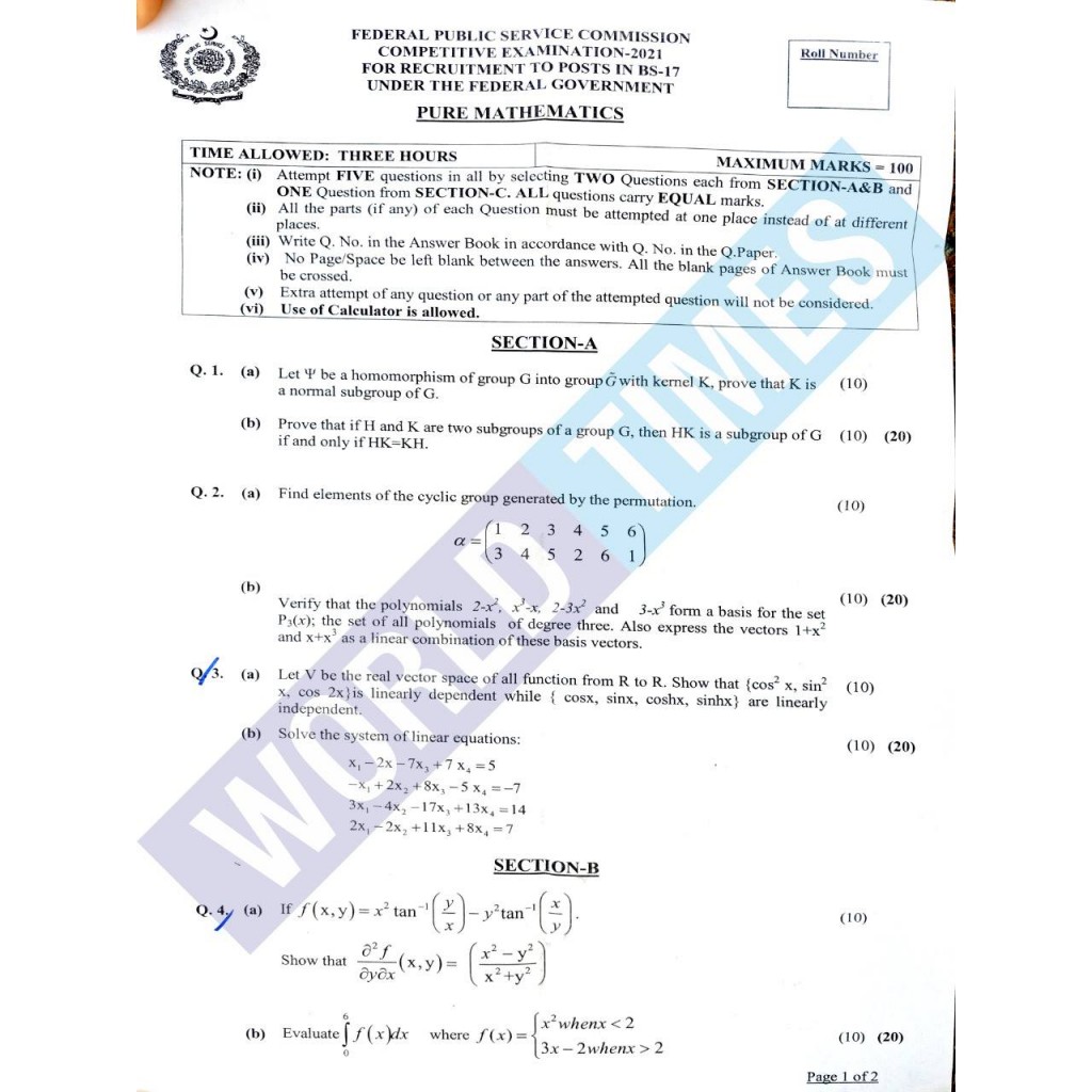 CSS Papers 2021 Pure Mathematics – Jahangir's World Times