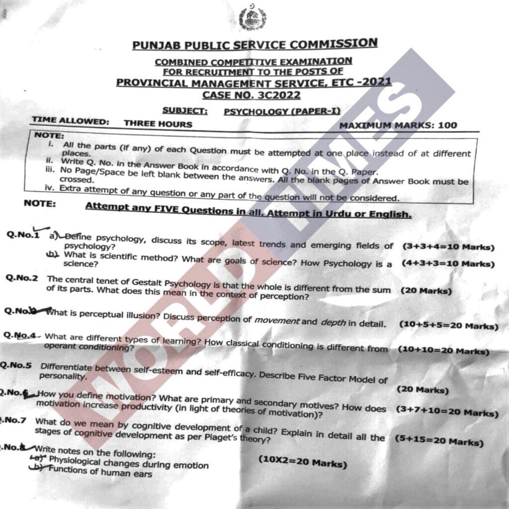 PMS Paper 2022 Psychology Paper I – Jahangir's World Times