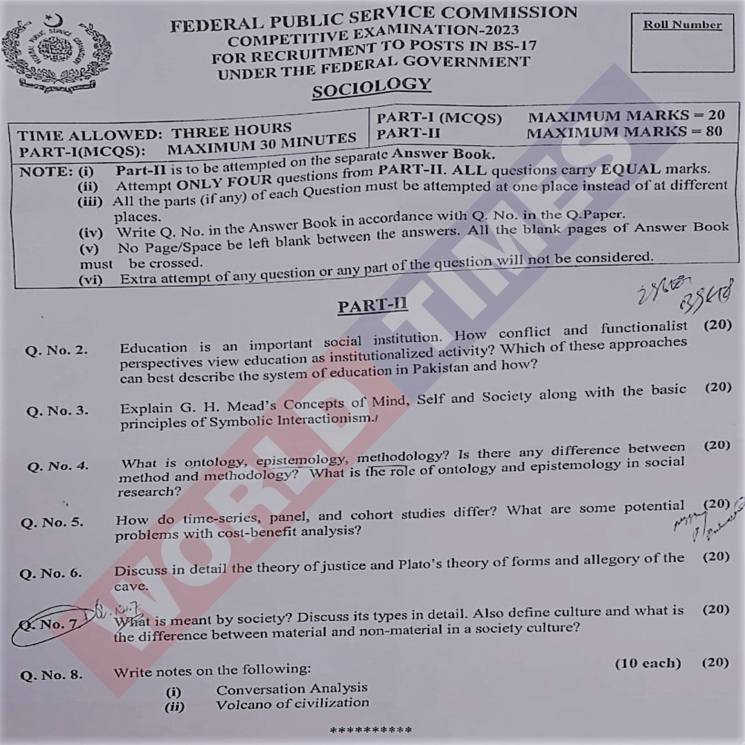 CSS Sociology Paper 2023 – Jahangir's World Times