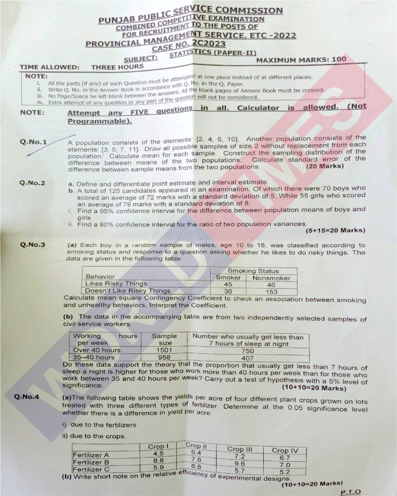 PMS Paper 2023 Statistics (Paper-II) - Jahangir's World Times