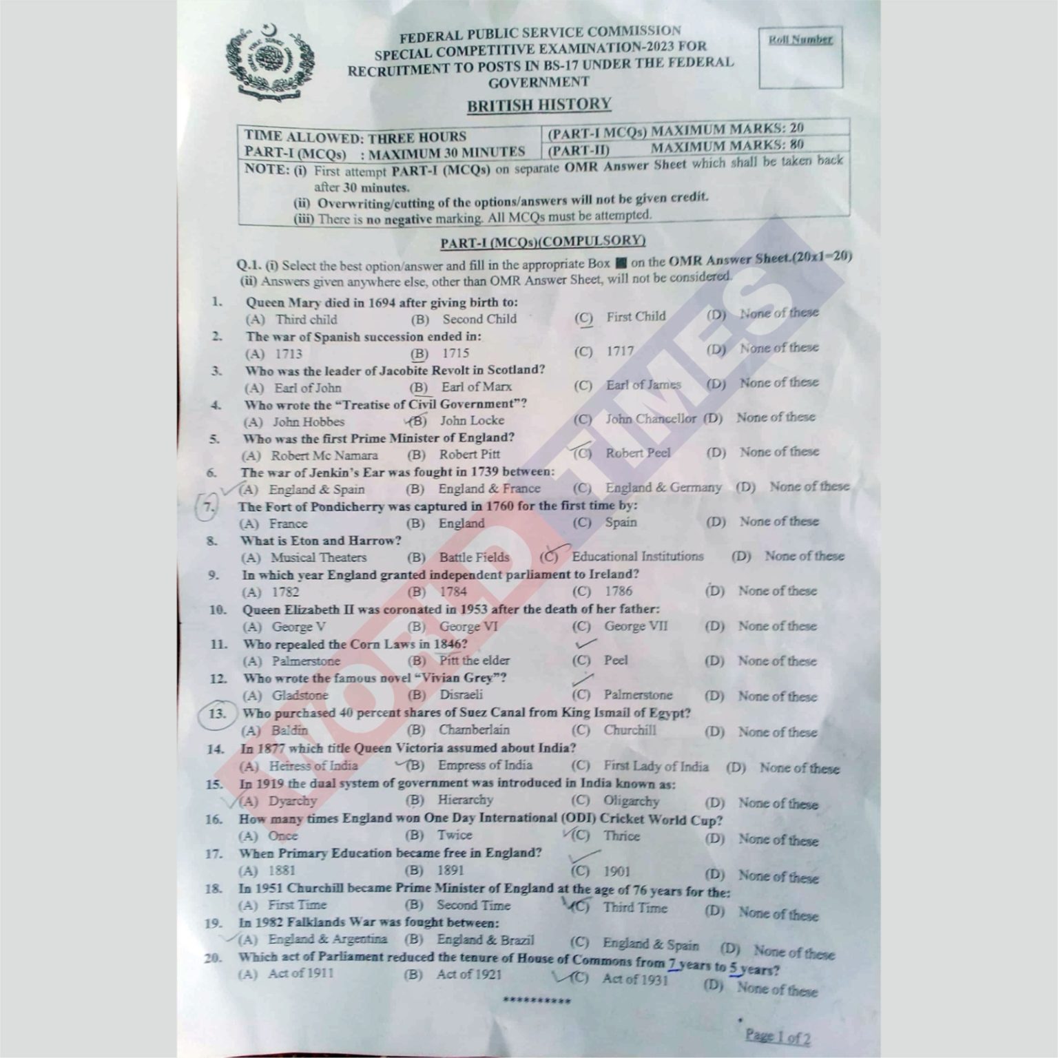 CSS Special Competitive Examination Paper 2023 (British History ...