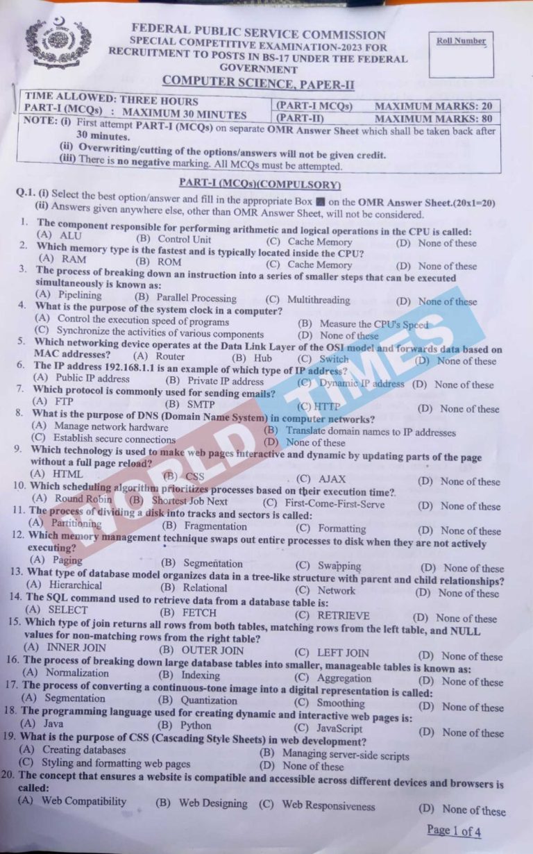 CSS Special Competitive Examination Paper 2023 (Computer Science Paper ...