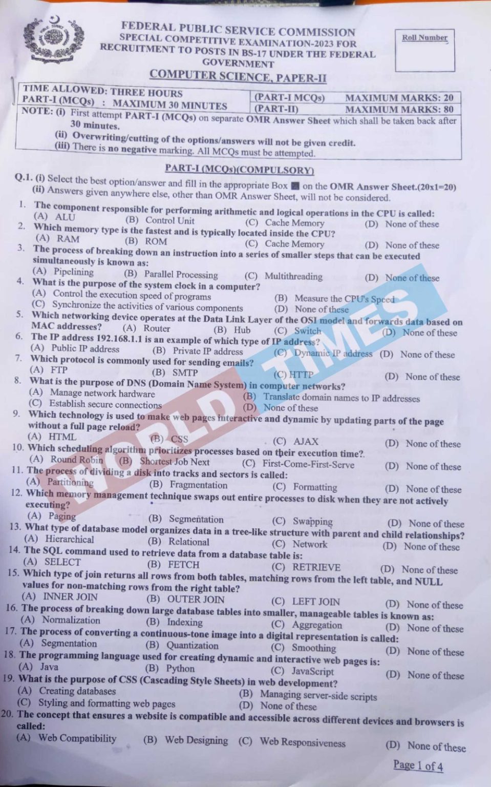 CSS Special Competitive Examination Paper 2023 (Computer Science Paper ...