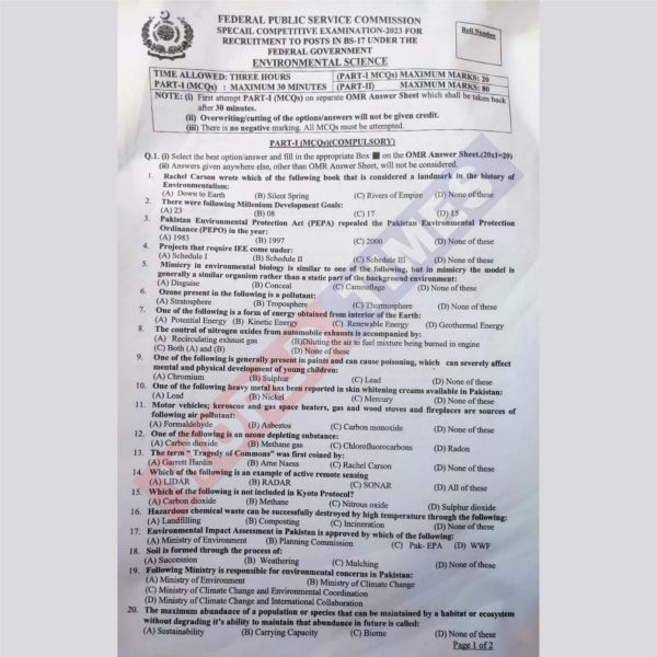 CSS Special Competitive Examination Paper 2023 (Environmental Science ...