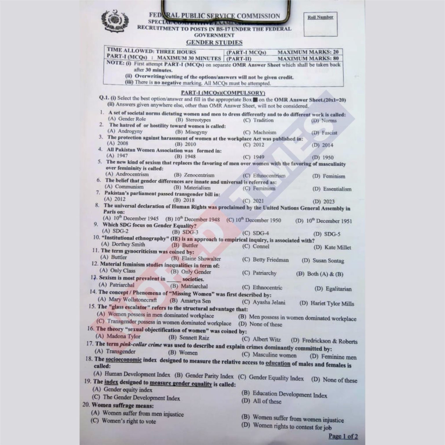 CSS Special Competitive Examination Paper 2023 (Gender Studies ...