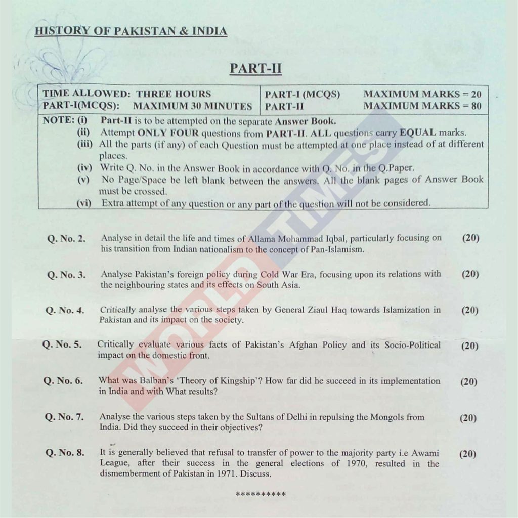 CSS Special Competitive Examination Paper 2023 (History of Pakistan ...